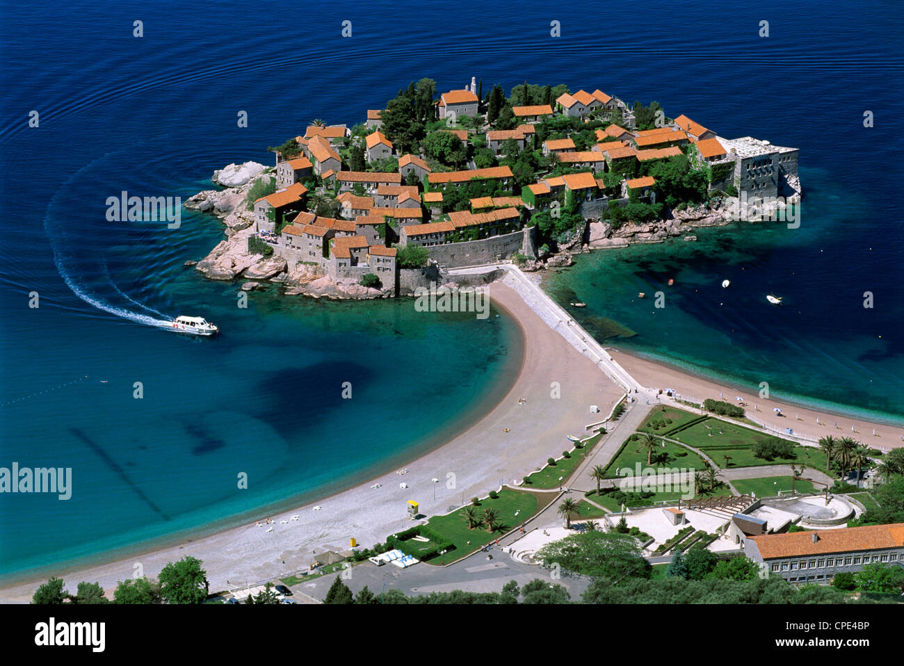 Aerial view over the island and beaches, Sveti Stefan, The Budva ...