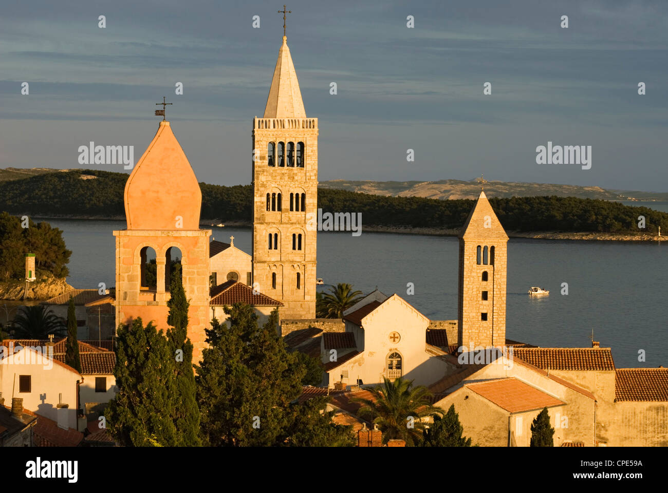 Sunset over campaniles of old town, Rab Town, Rab Island, Kvarner Gulf ...