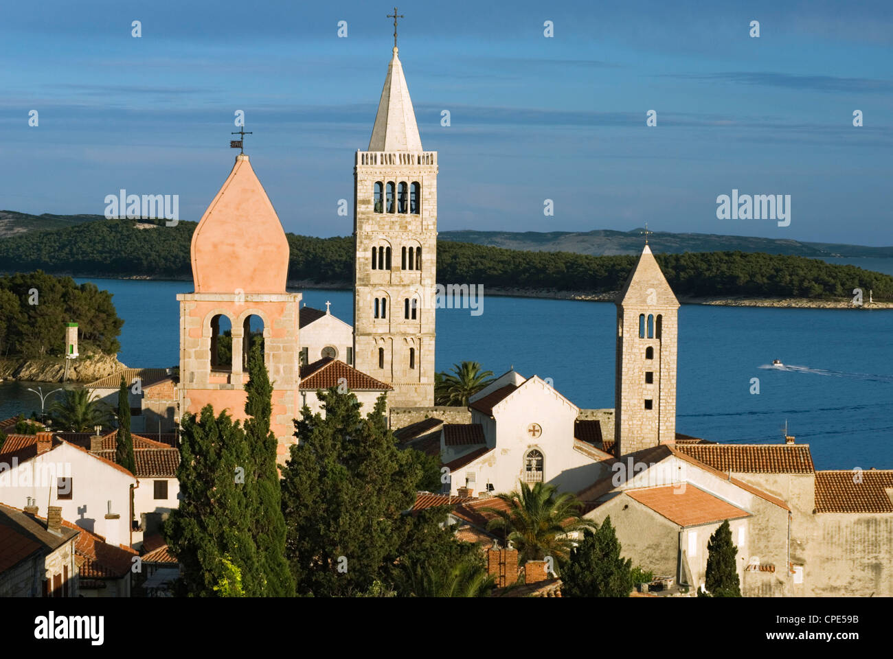 View over campaniles of old town, Rab Town, Rab Island, Kvarner Gulf ...