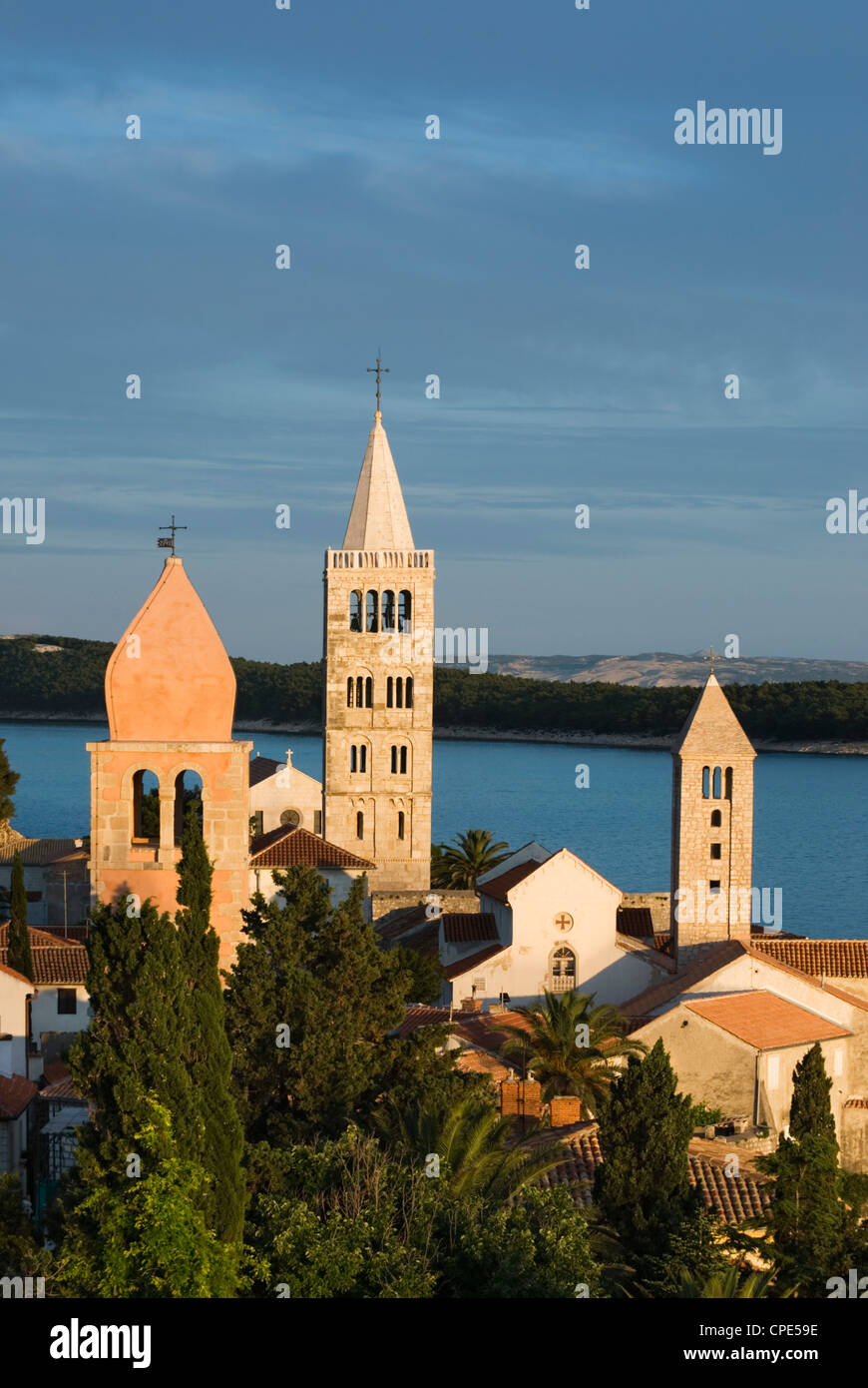 View over campaniles of old town, Rab Town, Rab Island, Kvarner Gulf ...