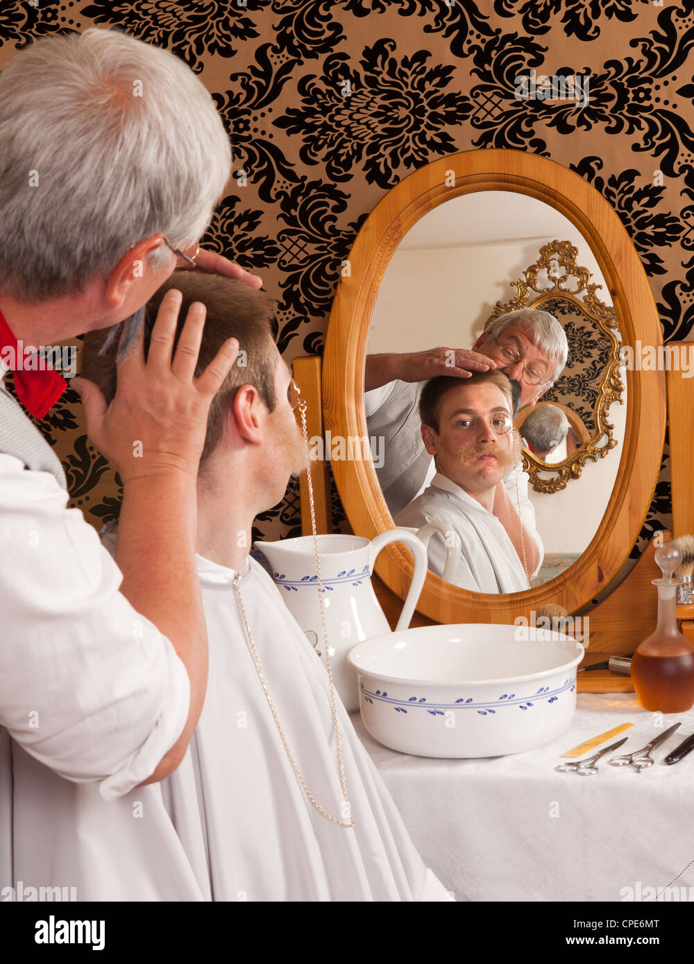 Historical re-enactment of an old victorian barber shop Stock Photo - Alamy