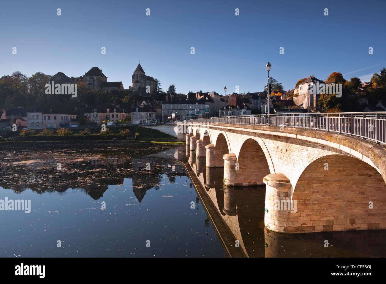 Looking across the River Creuse in the town of Le Blanc, Indre, Loire Valley, France, Europe ...