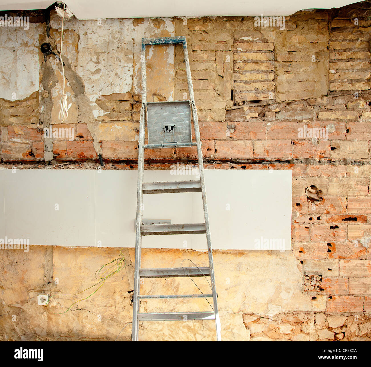 demolition debris in kitchen interior construction and ladder Stock ...