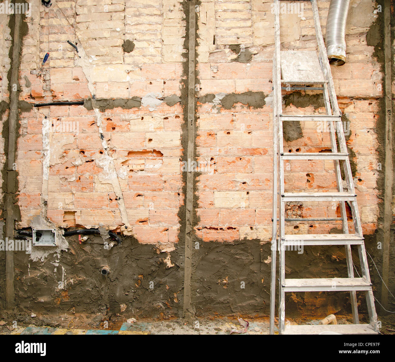 demolition before tiling in kitchen interior construction and ladder ...