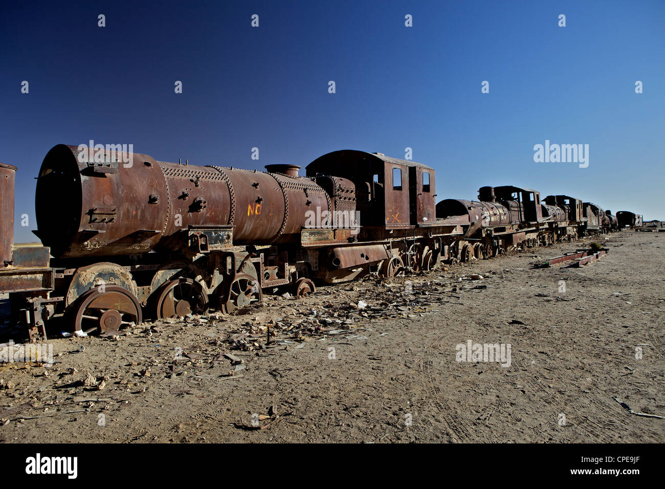 Rusting locomotive at train graveyard, Uyuni, Bolivia, South America ...