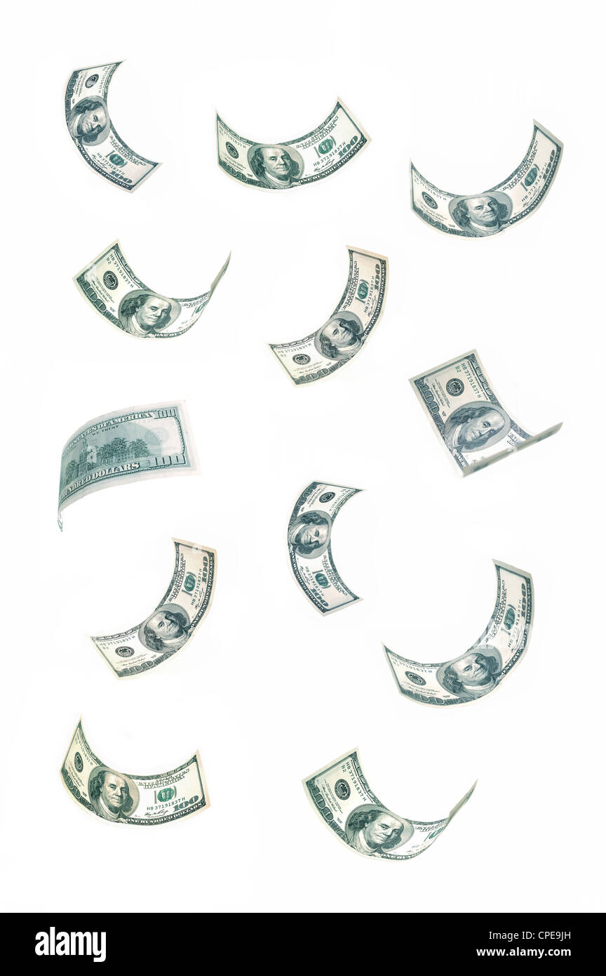 One hundred dollar notes falling from above Stock Photo - Alamy