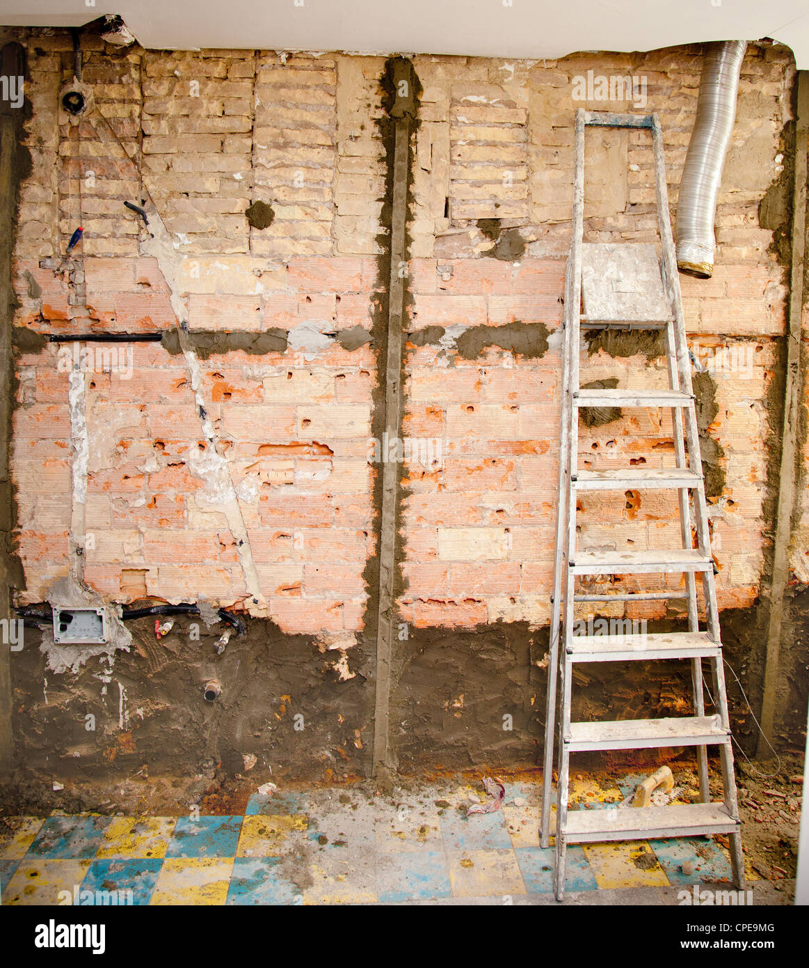 demolition debris in kitchen interior construction and ladder Stock ...