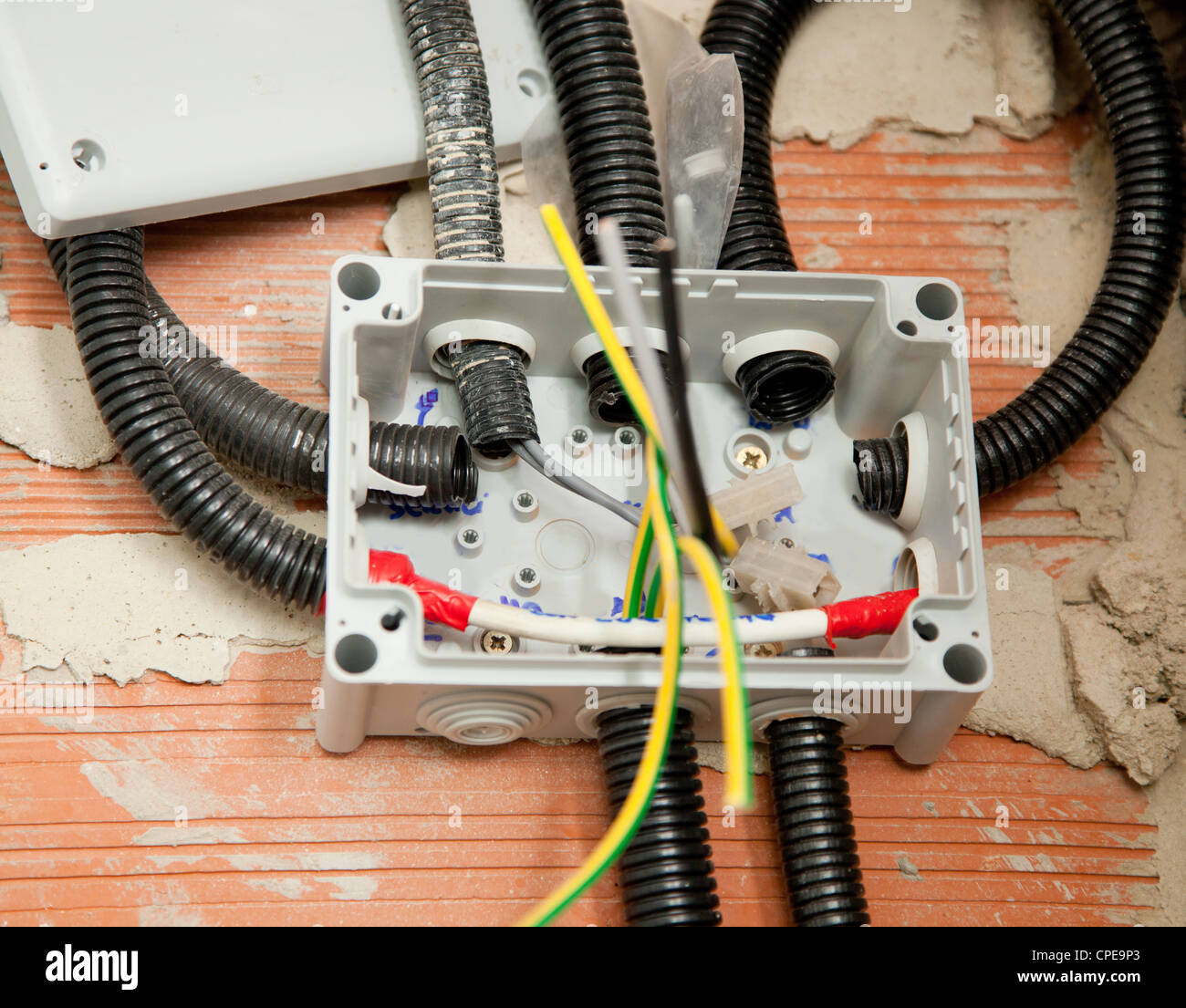 electrical coil conduit pipe on box with messy cables installation ...