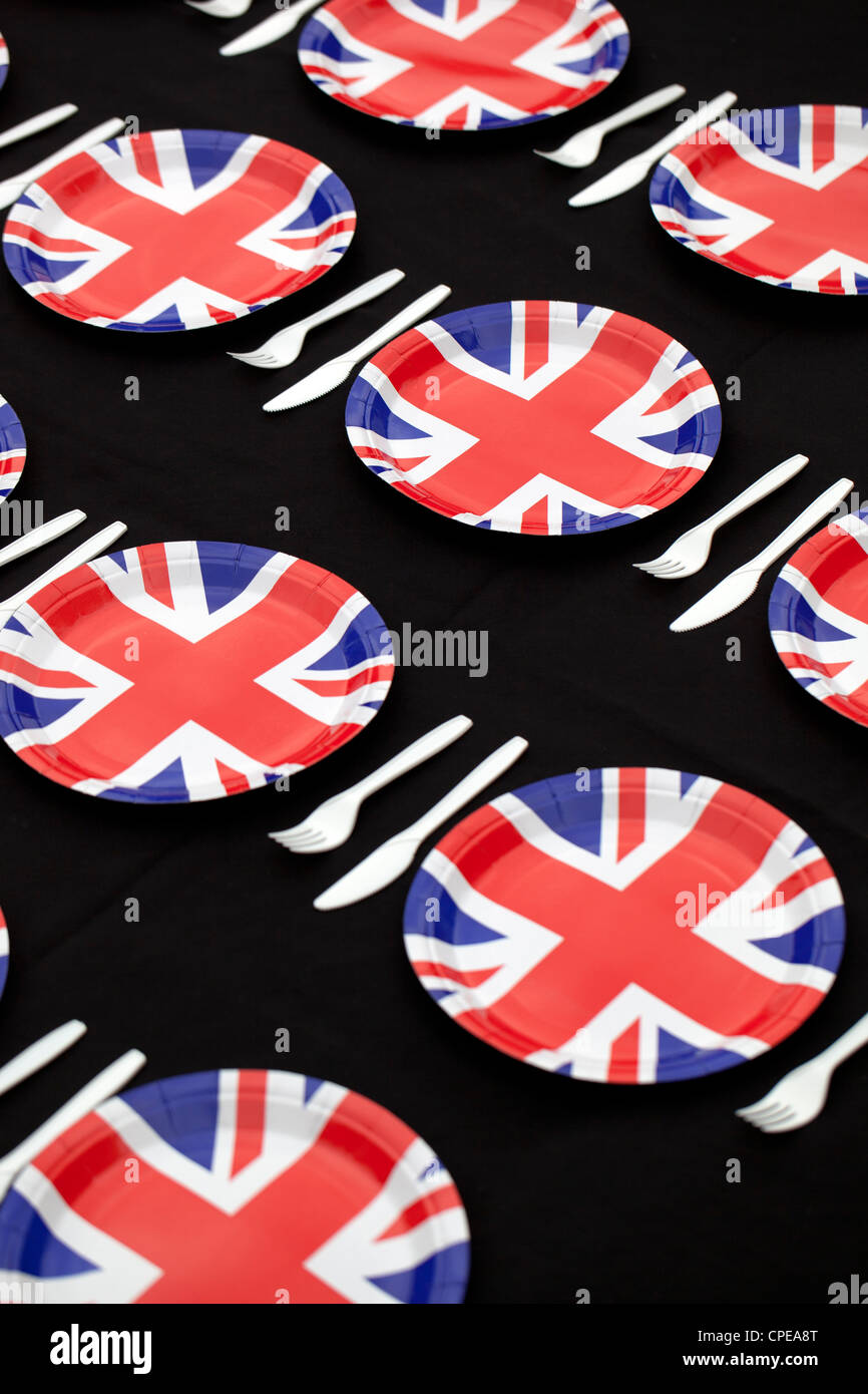 Union Jack Plates with Plastic Cutlery on black background Stock Photo ...