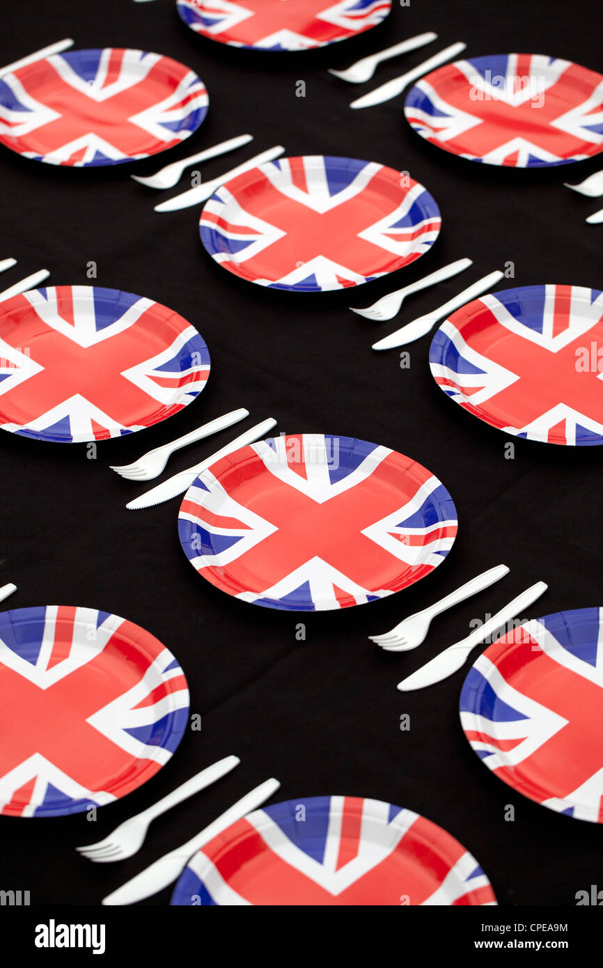 Union Jack Plates with Plastic Cutlery on black background Stock Photo ...