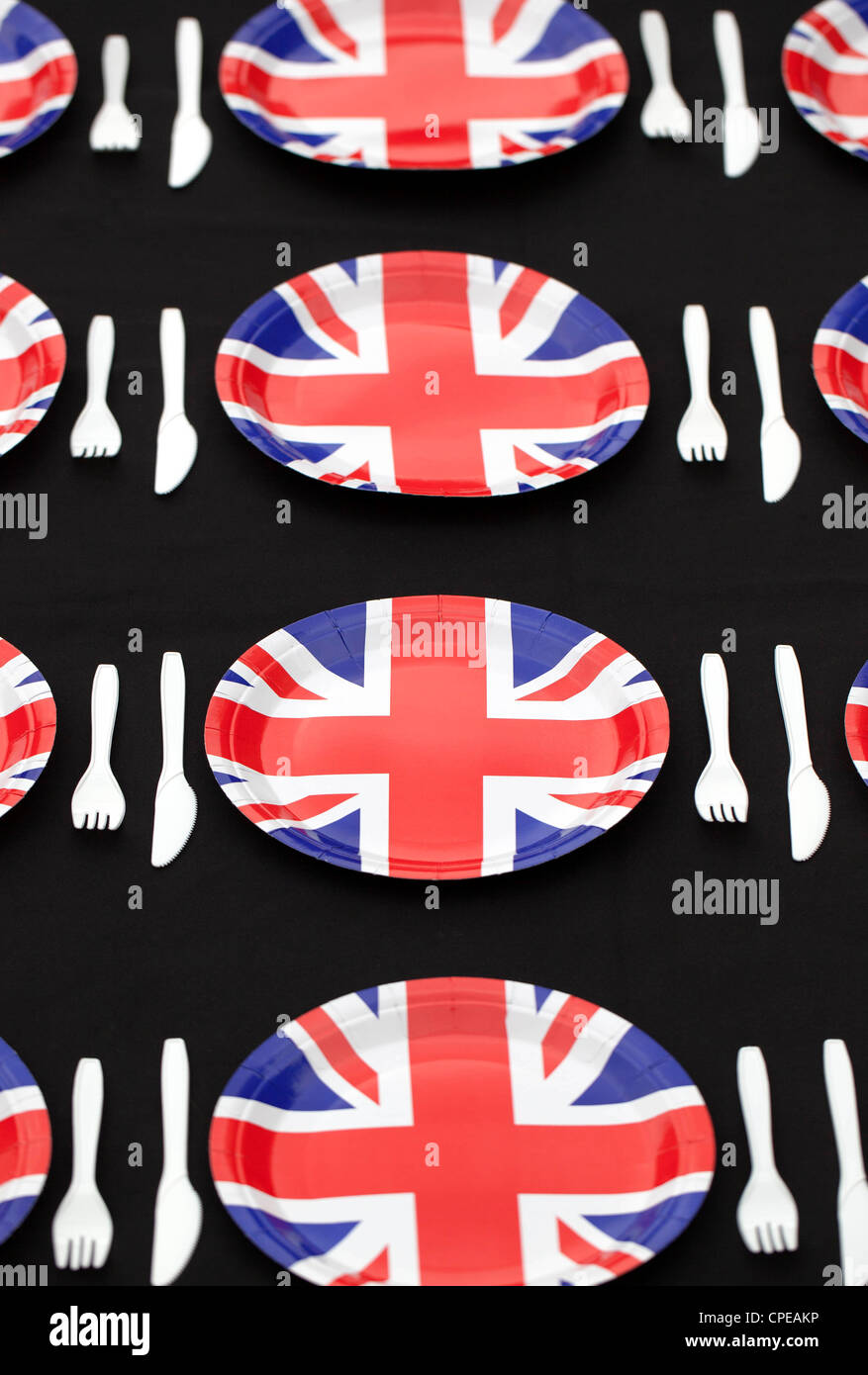 Union Jack Plates with Plastic Cutlery on black background Stock Photo ...