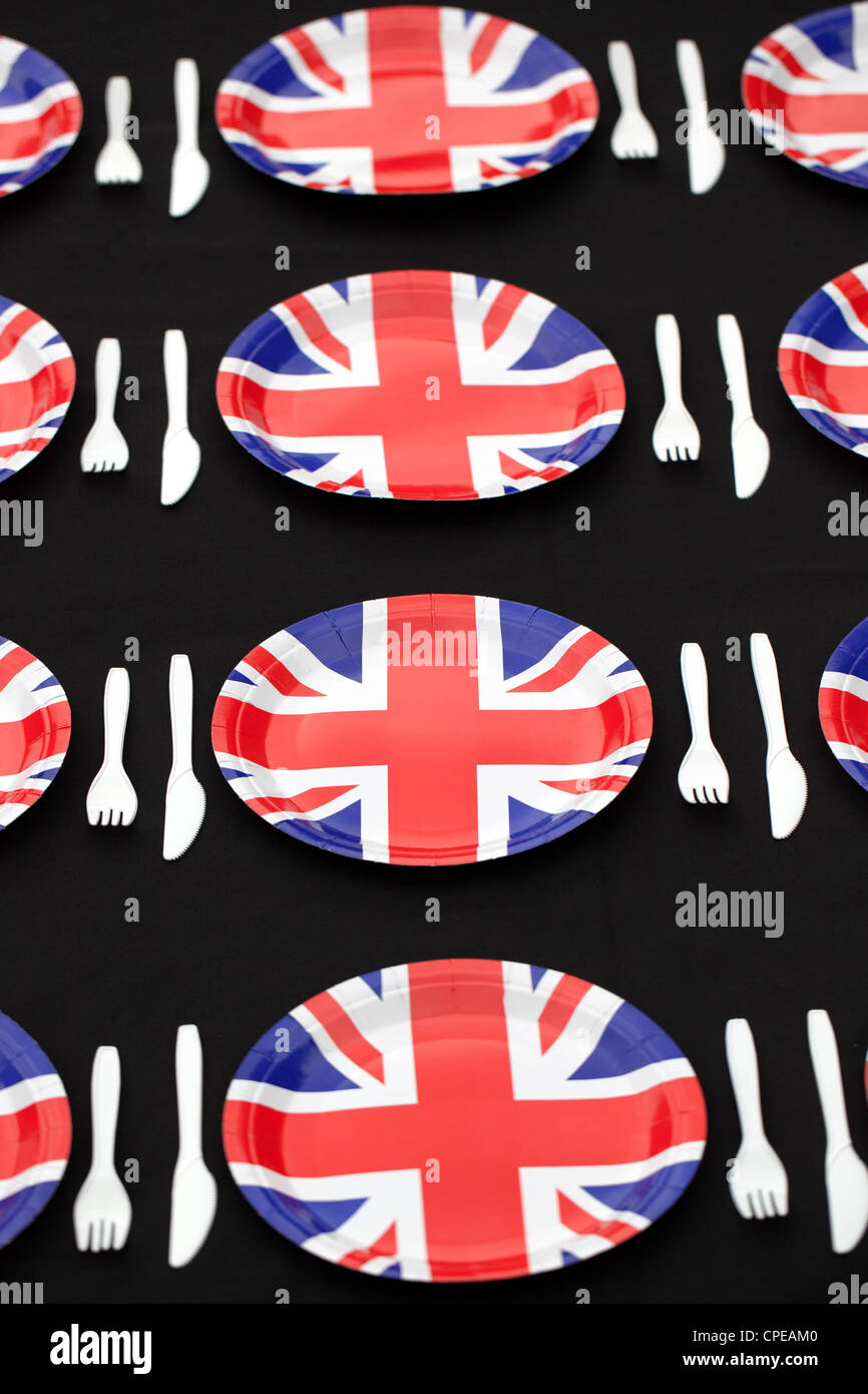 Union Jack Plates with Plastic Cutlery on black background Stock Photo ...