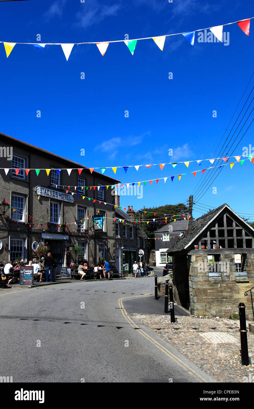 St Agnes Hotel with festive bunting, St Agnes village, Cornwall County ...