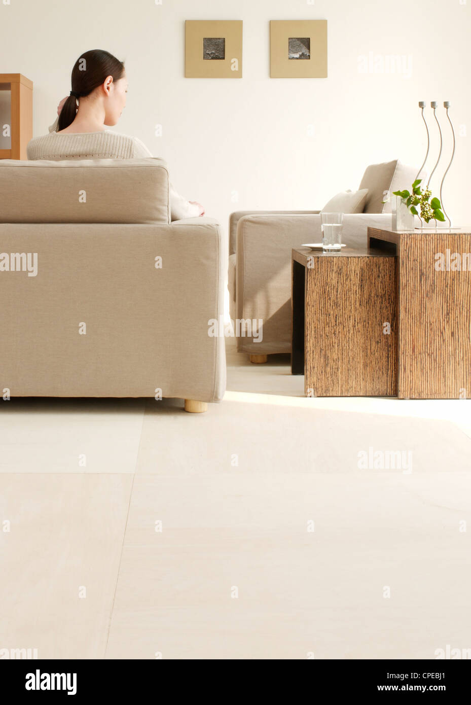 Rear View Of Women Relaxing On Sofa, Living Room Stock Photo - Alamy