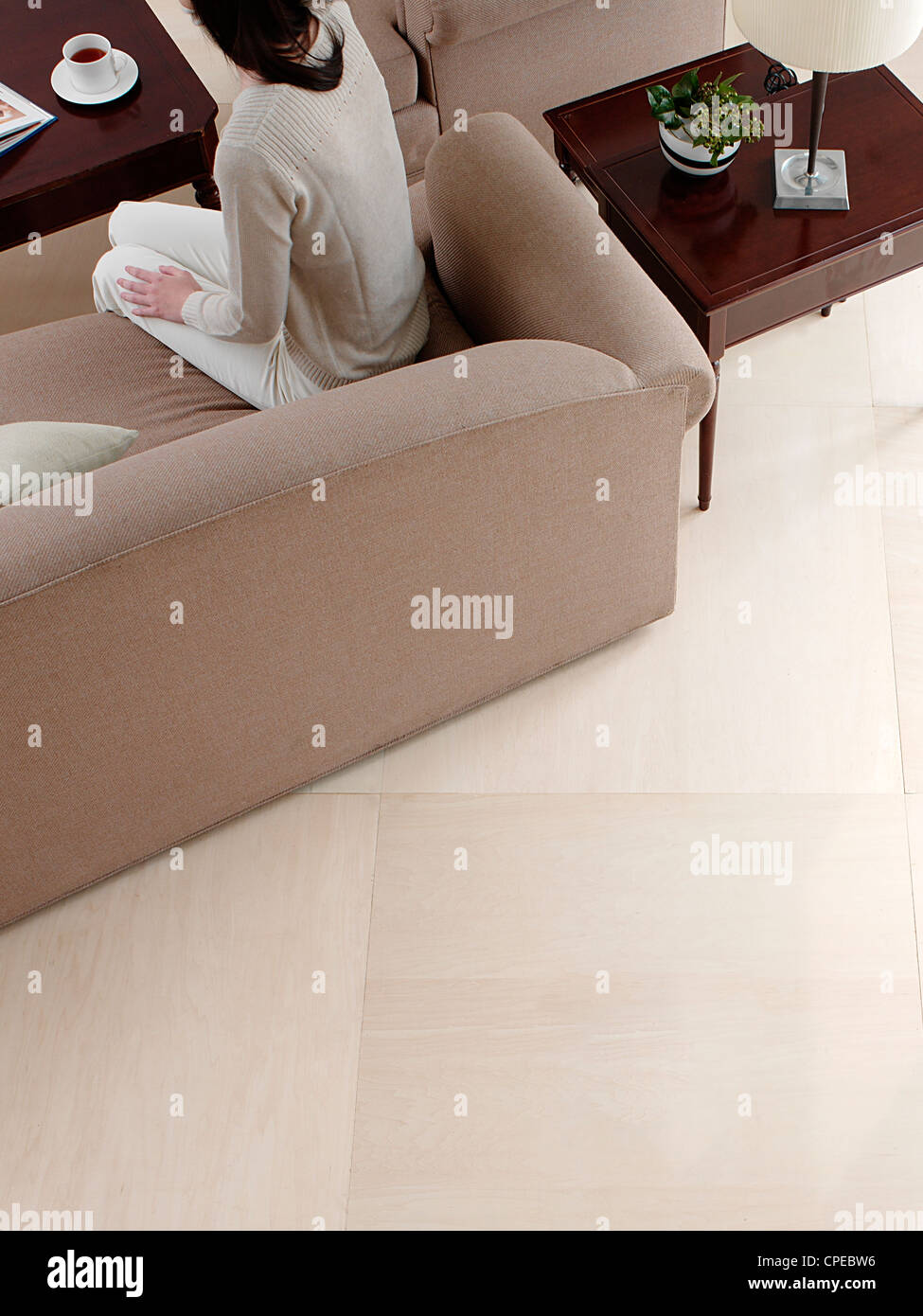 Women Relaxing On Sofa, Living Room, Back View Stock Photo - Alamy