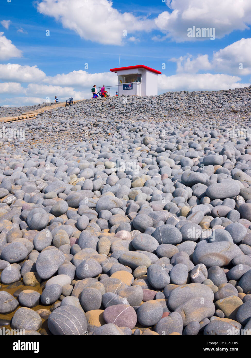 A lifeguard lookout hut on the top of the pebble ridge at Westward Ho ...