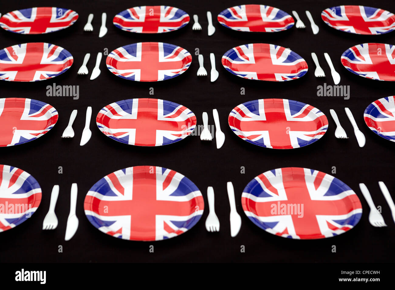 Union Jack Plates with Plastic Cutlery on black background Stock Photo ...