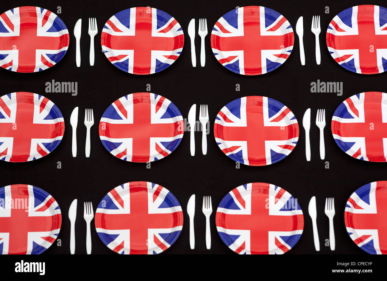 Union Jack Plates with Plastic Cutlery on black background Stock Photo ...