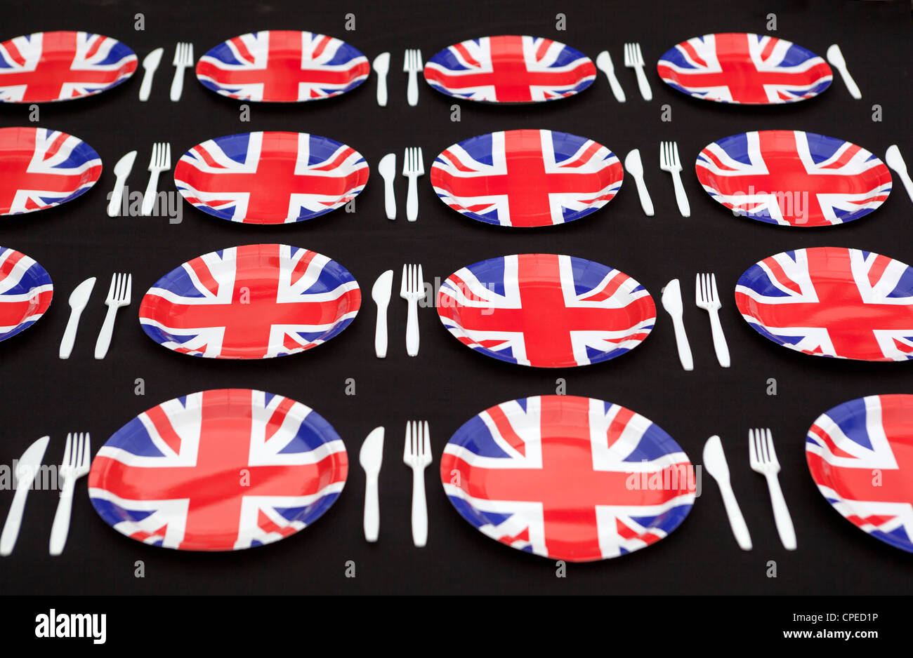 Union Jack Plates with Plastic Cutlery on black background Stock Photo ...