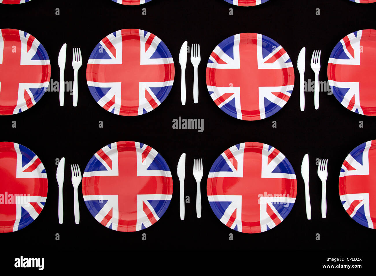 Union Jack Plates with Plastic Cutlery on black background Stock Photo ...
