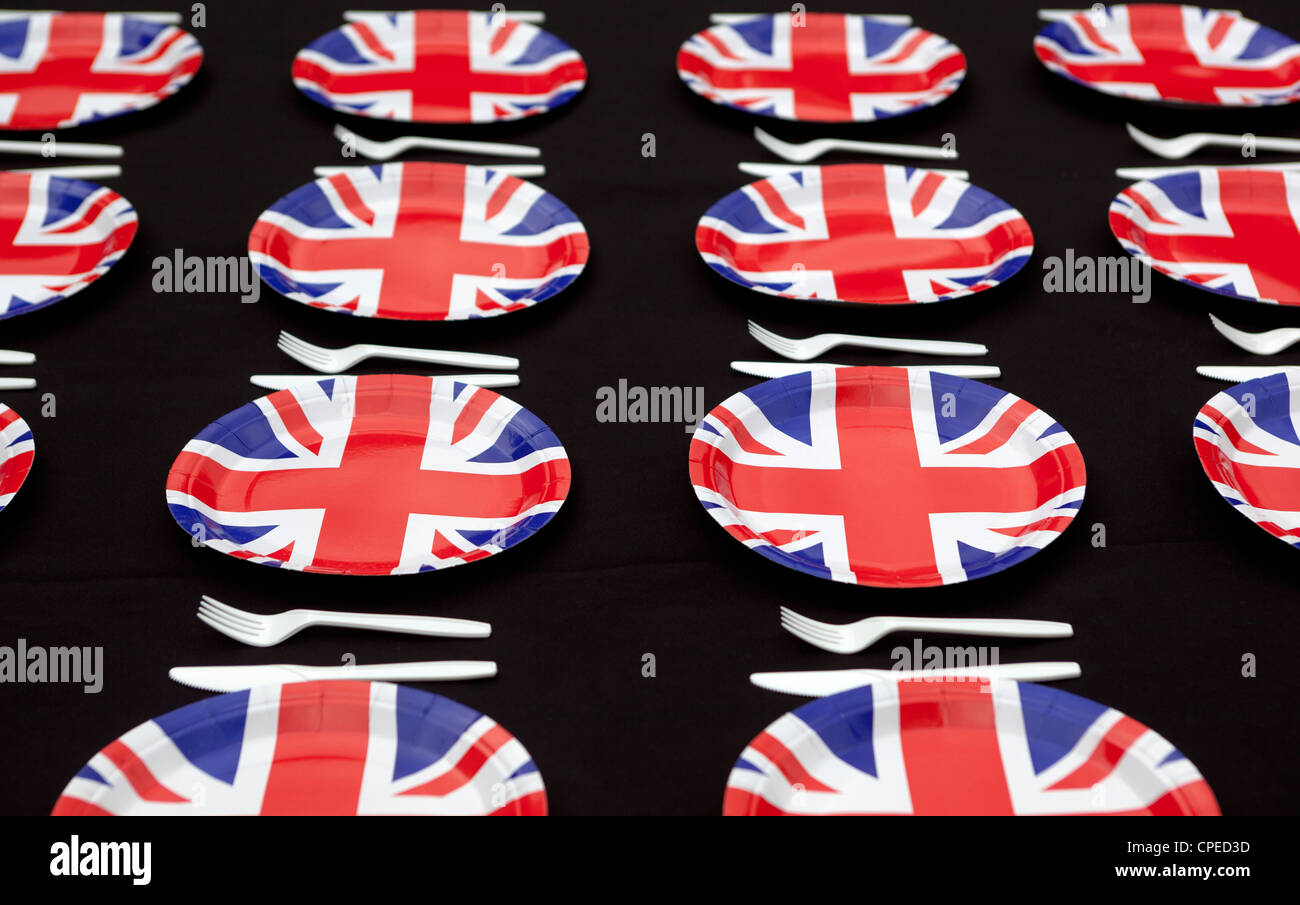 Union Jack Plates with Plastic Cutlery on black background Stock Photo ...
