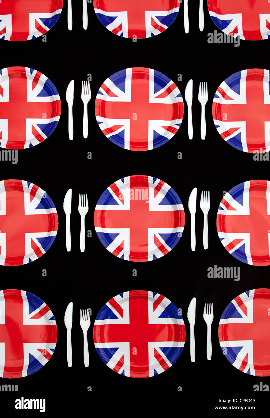 Union Jack Plates with Plastic Cutlery on black background Stock Photo ...