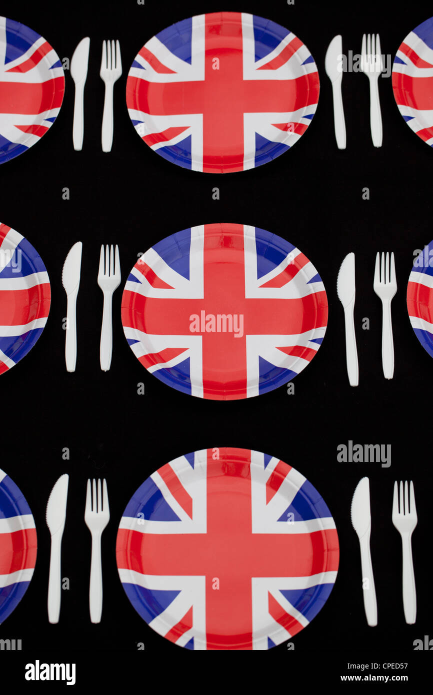 Union Jack Plates with Plastic Cutlery on black background Stock Photo ...