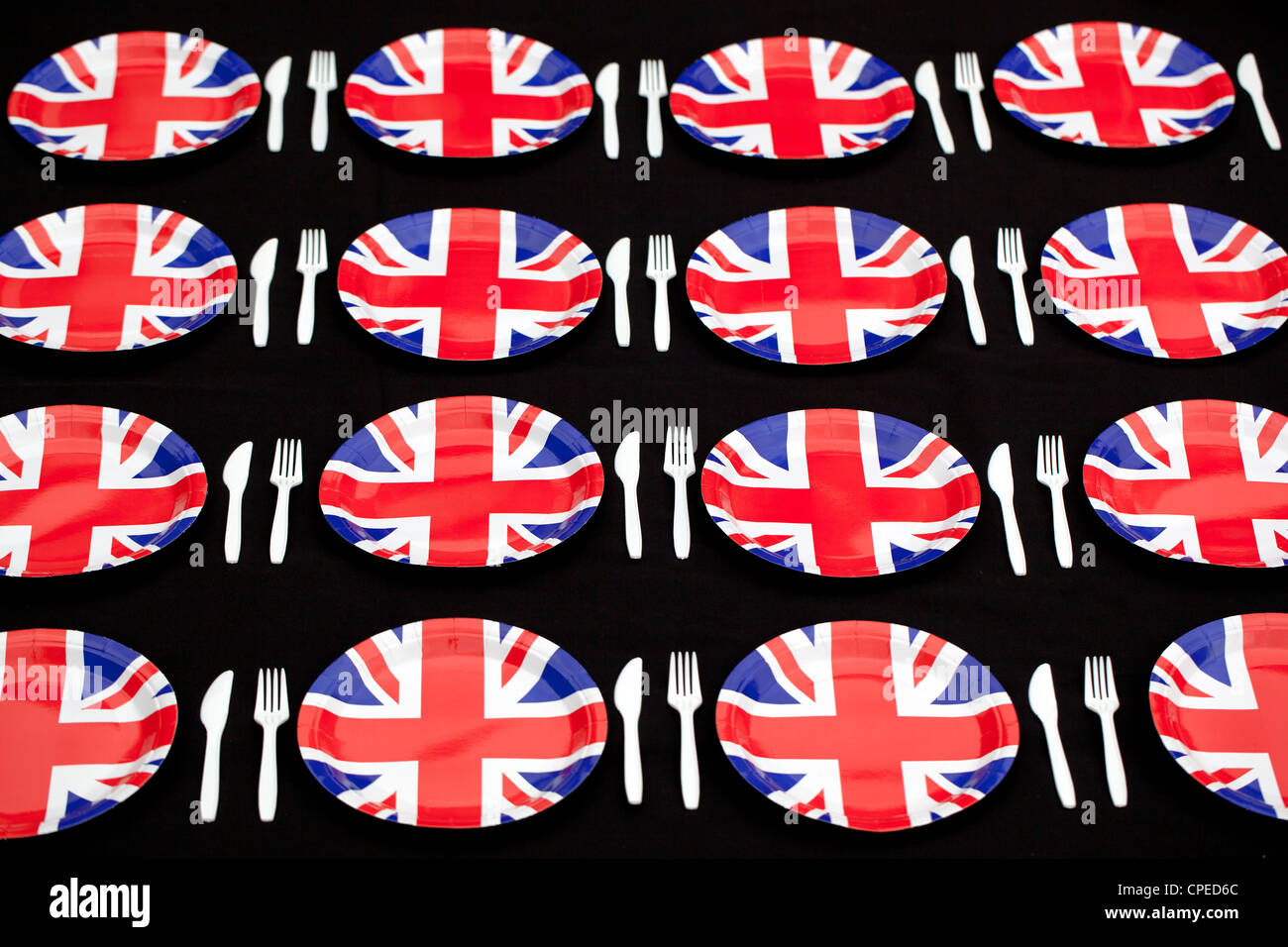 Union Jack Plates with Plastic Cutlery on black background Stock Photo ...