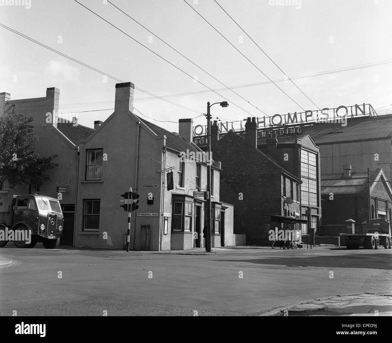 Wolverhampton street scene with overhead trolley bus cables Ettingshall ...