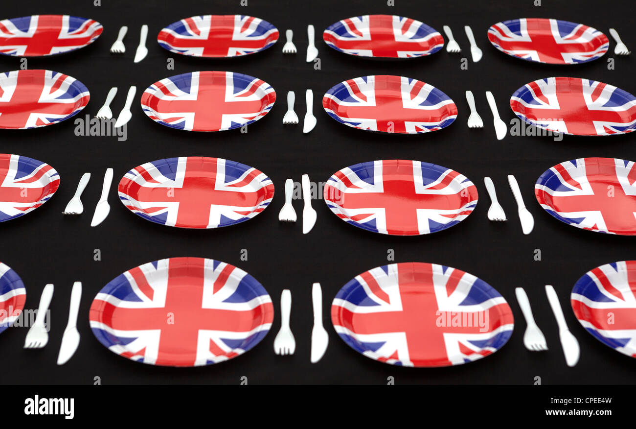 Union Jack Plates with Plastic Cutlery on black background Stock Photo ...