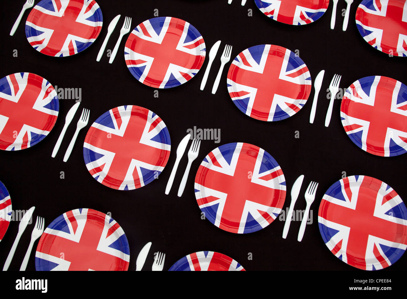 Union Jack Plates with Plastic Cutlery on black background Stock Photo ...