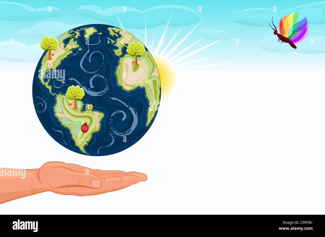 Save Earth - human hand offering our beautiful green planet. With blue ...