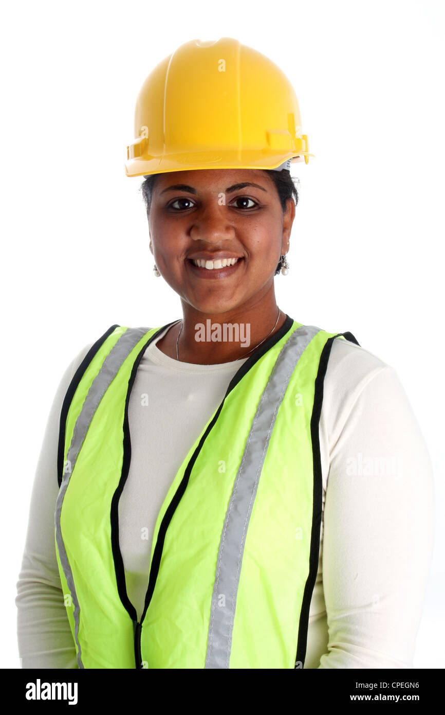 Minority woman construction worker on a white background Stock Photo ...