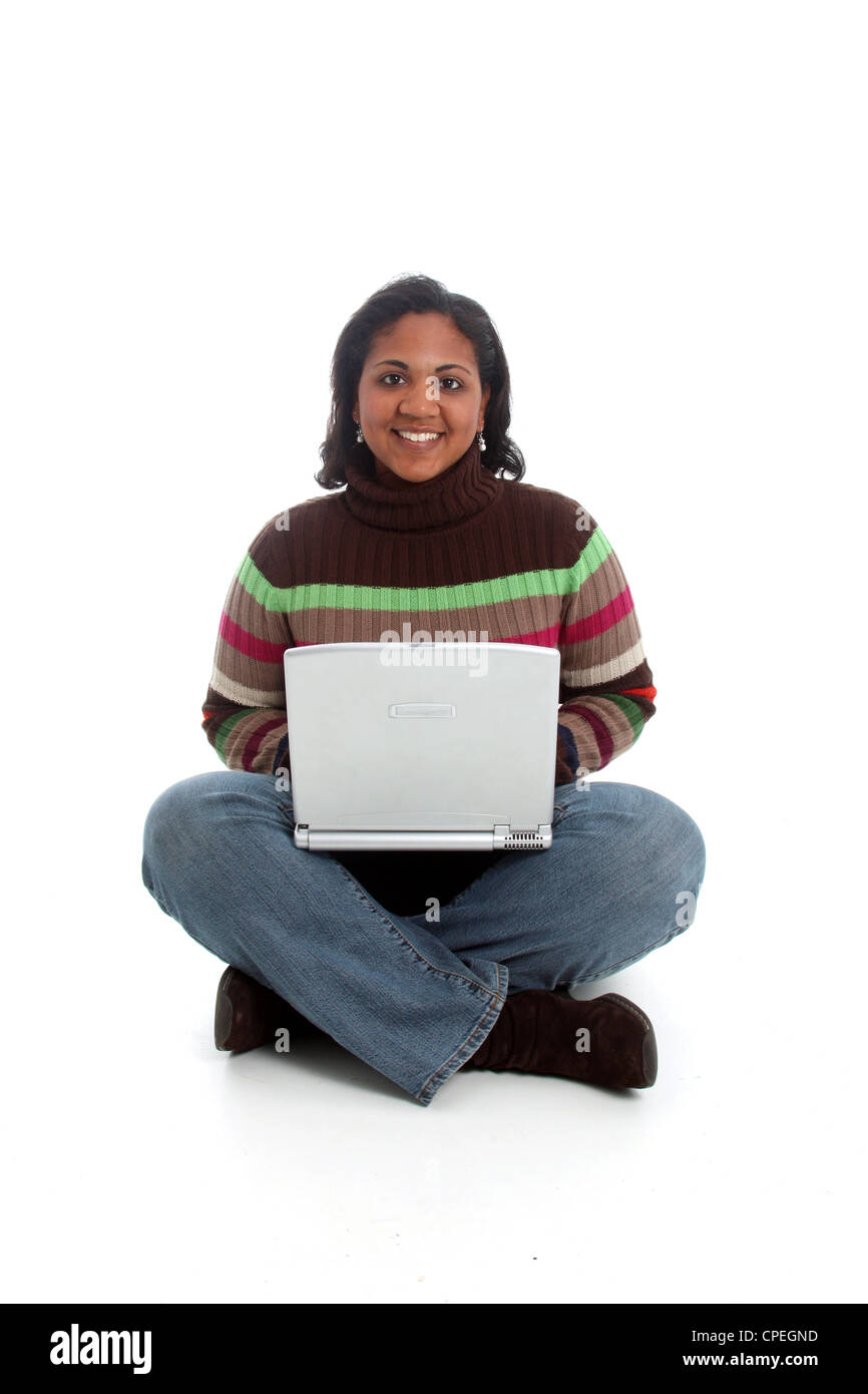 Woman on a computer set against white background Stock Photo - Alamy