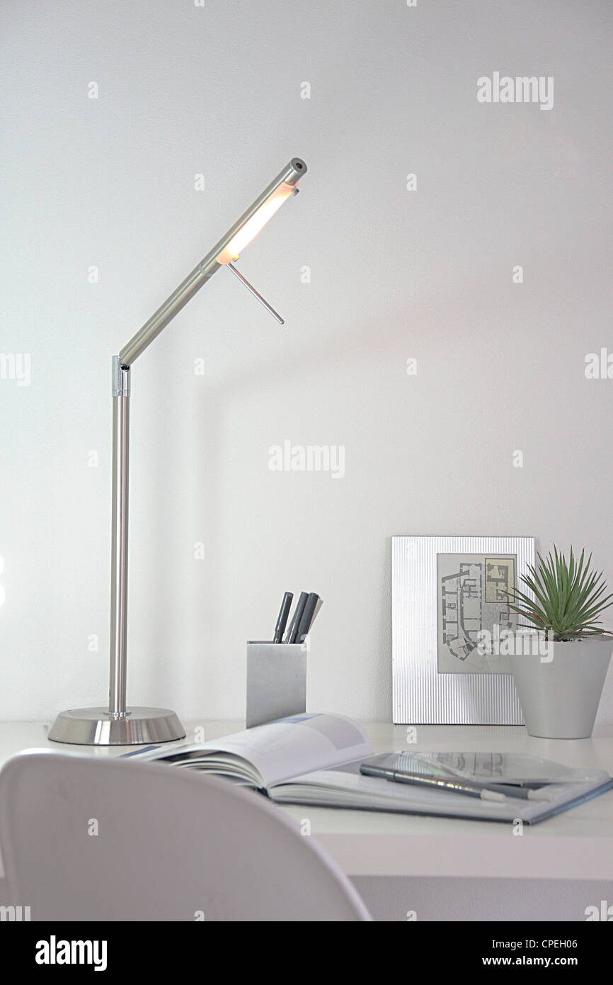 Lamp, Book, Plant Pot And Pens On Modern Desk Stock Photo - Alamy