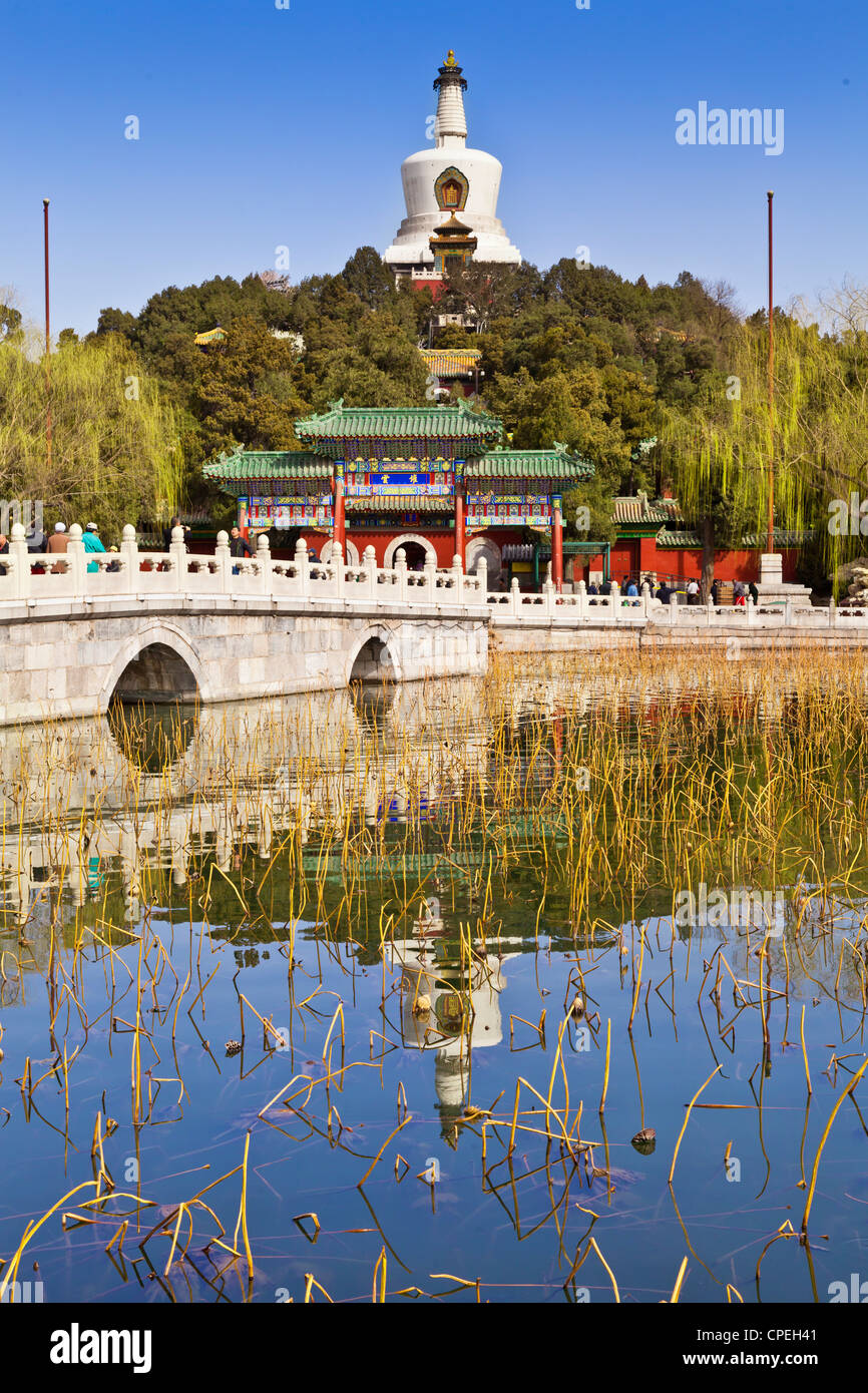 The White Pagoda in Beihai Park, Beijing, China, reflected in the lake ...