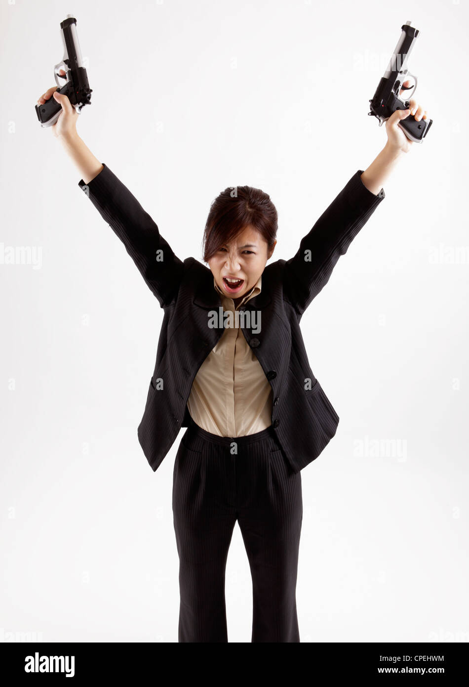 Portrait of office lady playing gun Stock Photo - Alamy