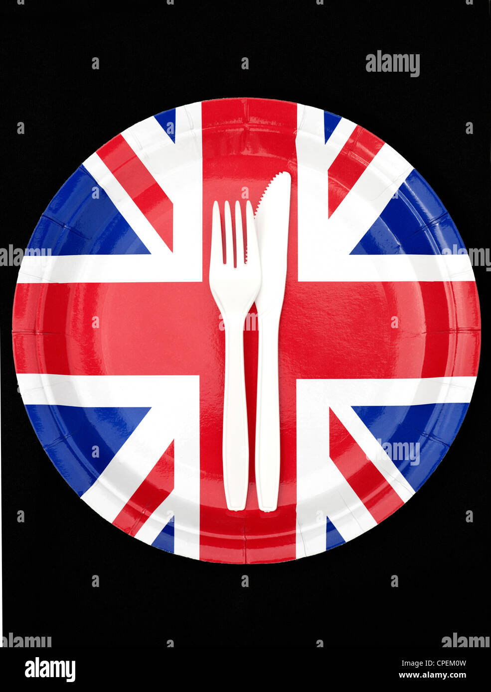 Union Jack Plate with Plastic Cutlery on black background Stock Photo ...