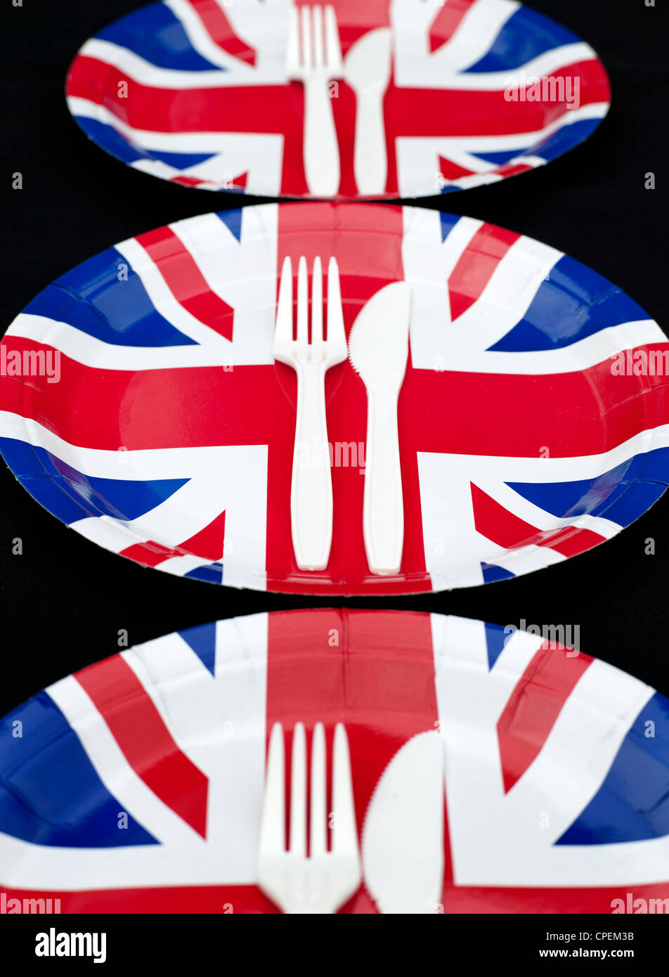 Union Jack Plates with Plastic Cutlery on black background Stock Photo ...