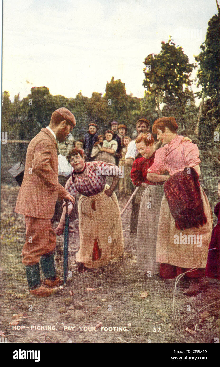 Postcard of Kentish hop pickers titled "Pay your footing Stock Photo ...