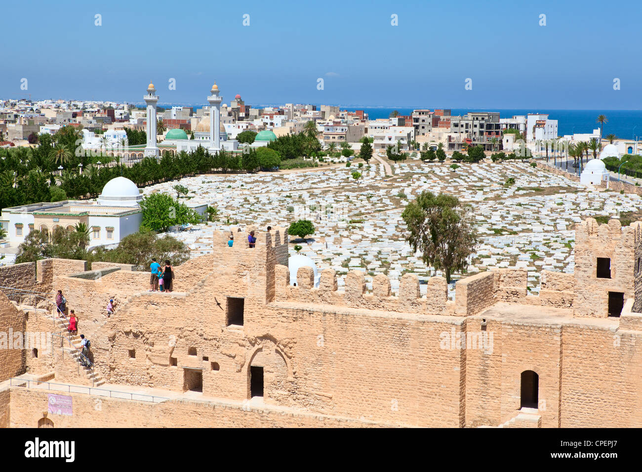 Aerial view of streets at Monastir city, Tunisia. Mausoleum of Habib ...