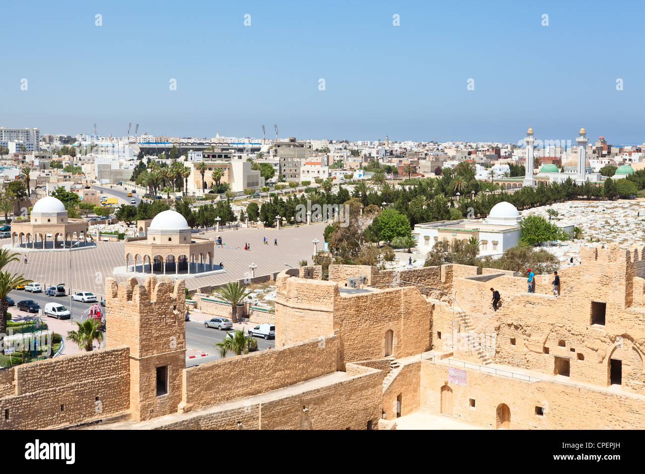 Aerial view of streets at Monastir city, Tunisia. Mausoleum of Habib ...