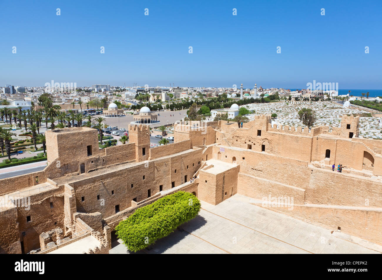 Aerial view of streets at Monastir city, Tunisia. Mausoleum of Habib ...