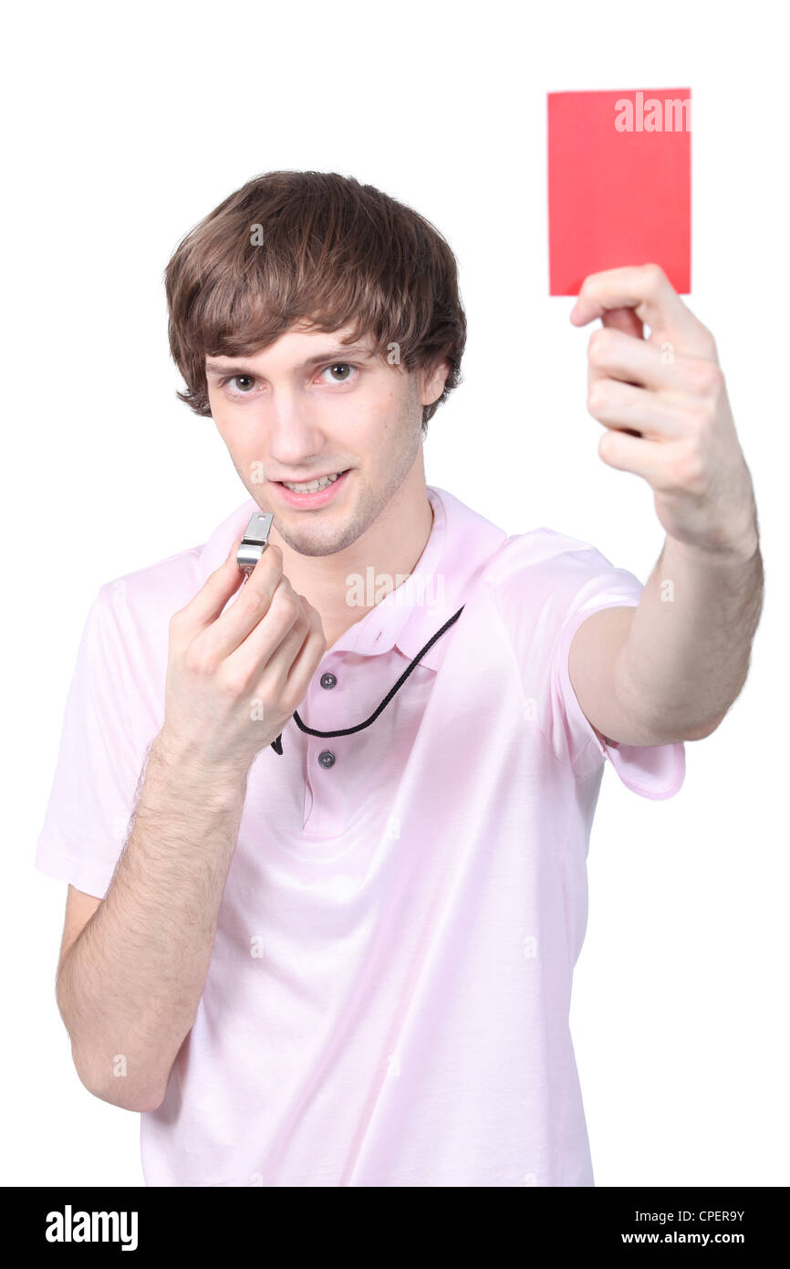 Boy showing red card Stock Photo - Alamy
