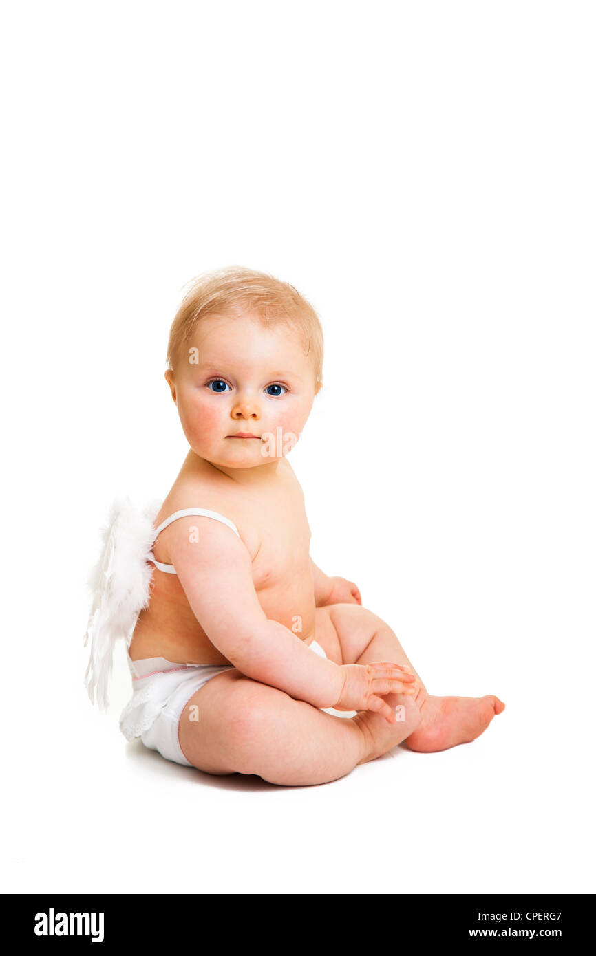 Cute infant angel with wings isolated on white Stock Photo - Alamy
