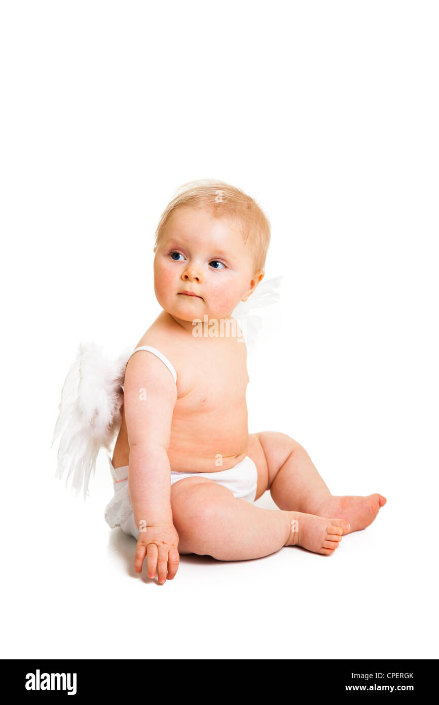 Cute infant angel with wings isolated on white Stock Photo - Alamy