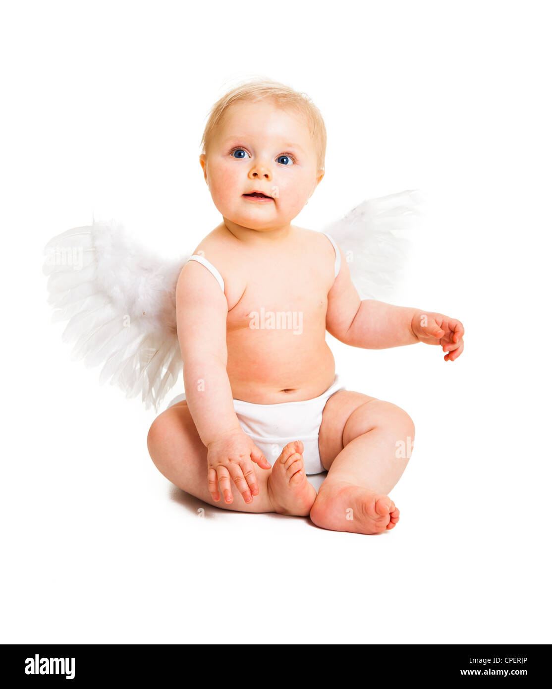 Cute infant angel with wings isolated on white Stock Photo - Alamy