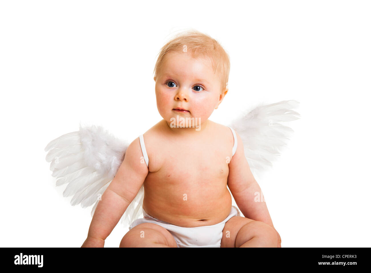 Cute infant angel with wings isolated on white Stock Photo - Alamy
