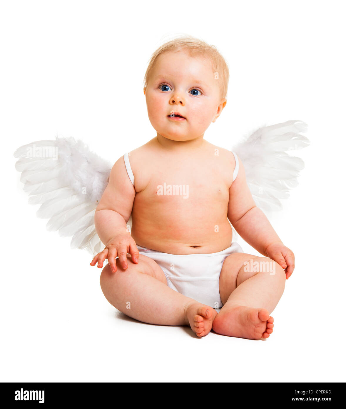 Cute infant angel with wings isolated on white Stock Photo - Alamy