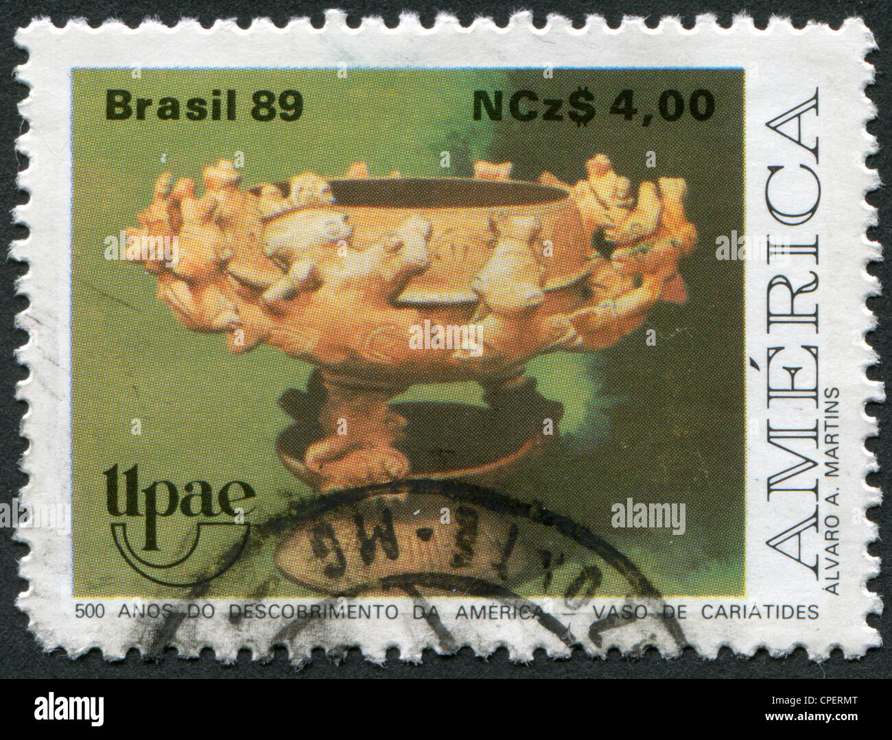 Postage stamps printed in Brazil, UPAE emblem and pre-Columbian stone ...